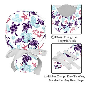 Ocean Turtle Working Caps with Buttons, Long Hair Scrub Hats Ponytail Holder for Women