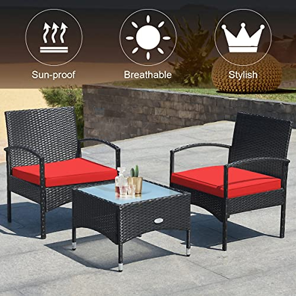 Tangkula 3 Pieces Patio Wicker Rattan Furniture Set, Rattan Chair with Coffee Table, High Load Bearing Chair Conversation Sets for Patio Garden Lawn Backyard Pool