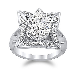 1 Carat t.w. 14K White Gold Lotus Flower Diamond Engagement Ring with a 0.5 Ct Forever Brilliant Round Moissanite Center