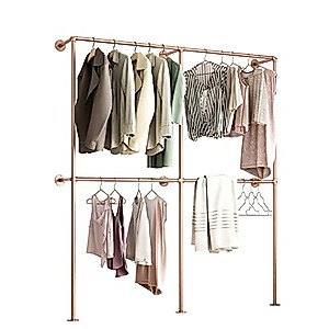 BOSURU Industrial Pipe Clothing Rack Wall Mounted,Clothes Racks with Double Hanging Rods for Closet Storage(Rose Gold)