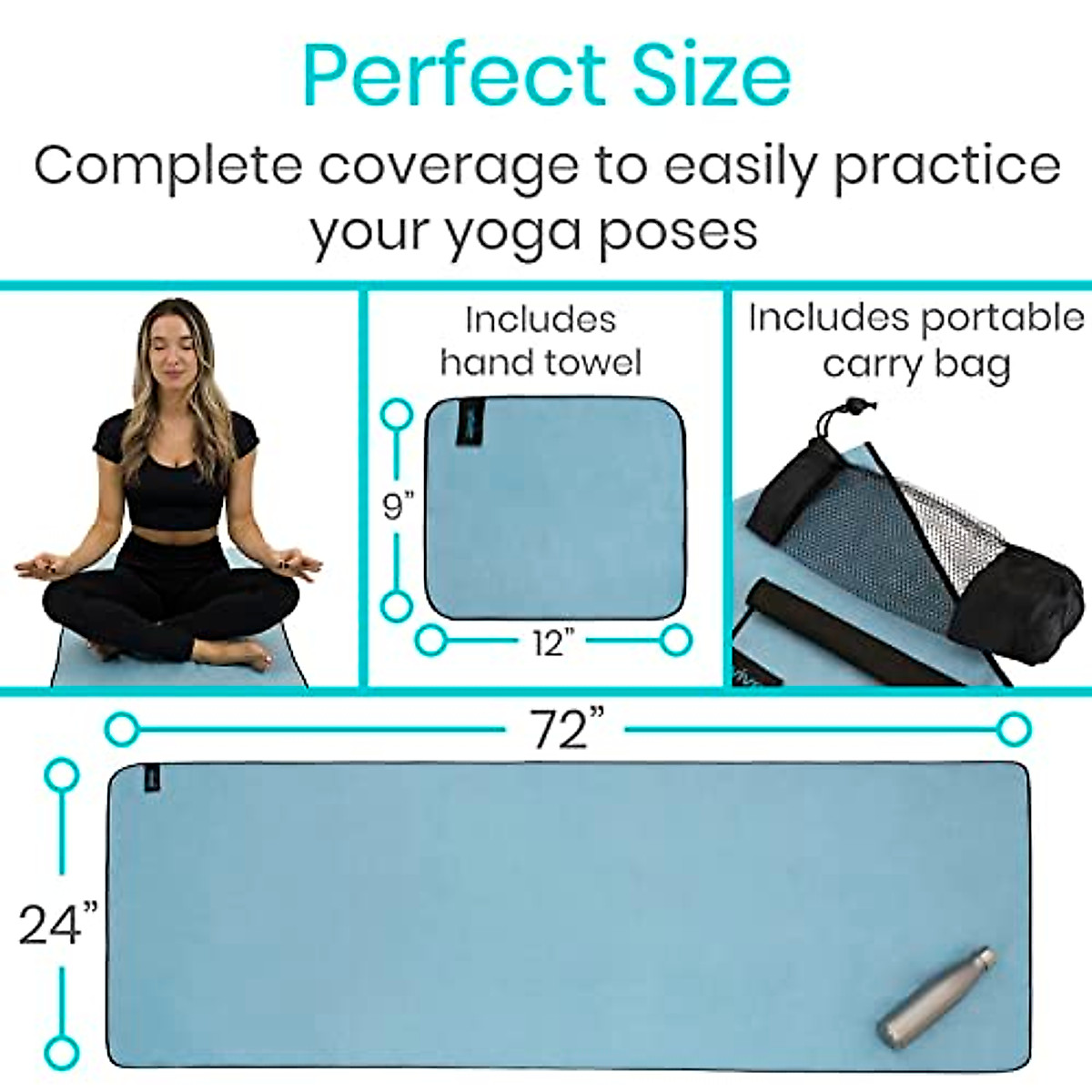 Vive Non Slip Yoga Towel & Hand Towel - Microfiber, Quick Drying, Washable, Lightweight - Non Slip Grip Hot Pilates Mat- Soft & Large Sweat Absorbent for Workouts & Safe Exercise - 24" x72"