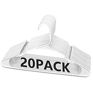 MecTo Hangers 20 Pack, White Notched Coat Hanger Space Saving Plastic Hangers Tubular Heavy Duty Clothes Hangers for Everyday Standard Use on Suits Coats Pants Dress Shirts (White, 20 Pack)