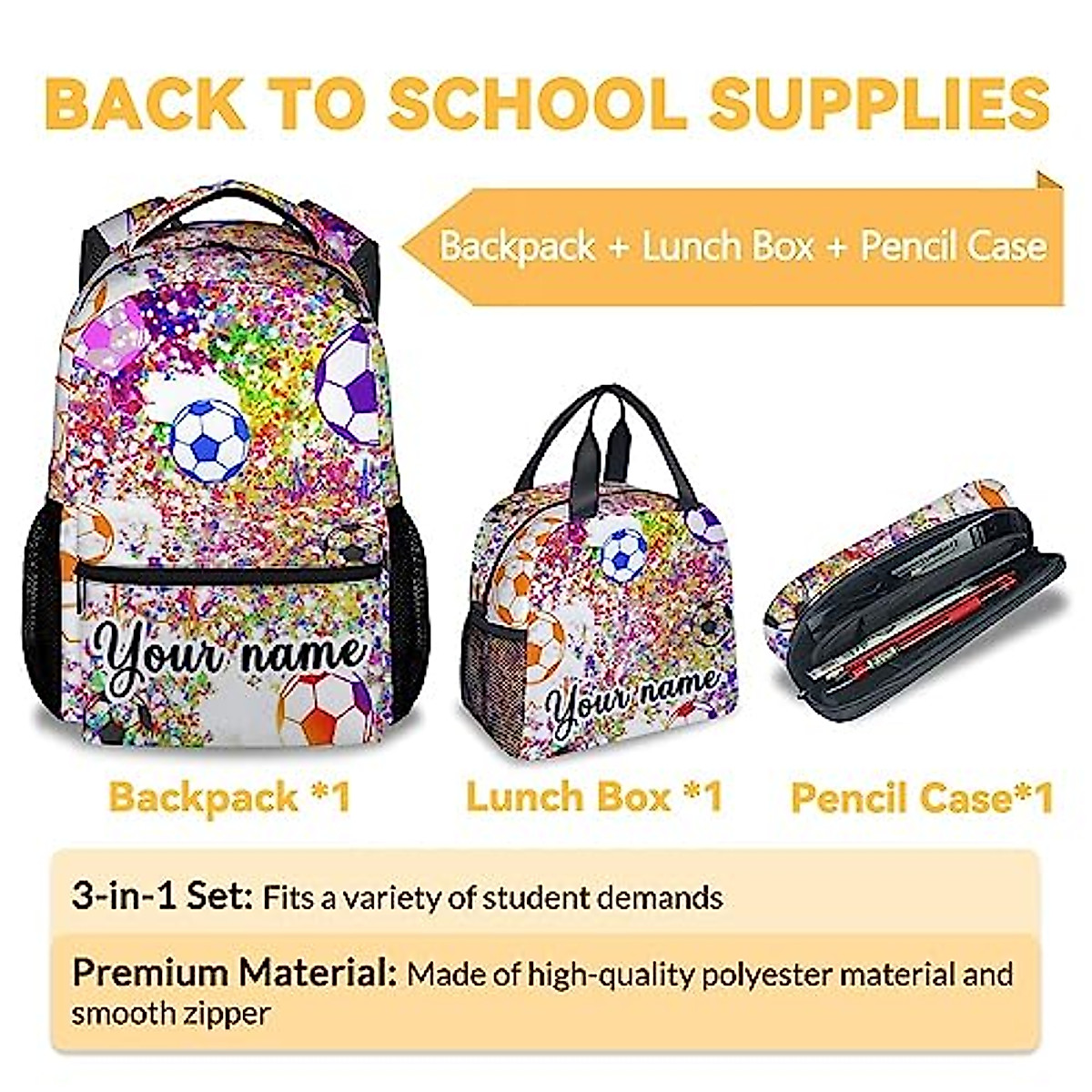 COOPASIA Personalized Soccer Backpack with Lunch Box And Pencil Case, 16 Inch Soccer Theme Bookbag with Adjustable Straps, Lightweight, Durable, Large Capacity, School Backpack for Girls Boys