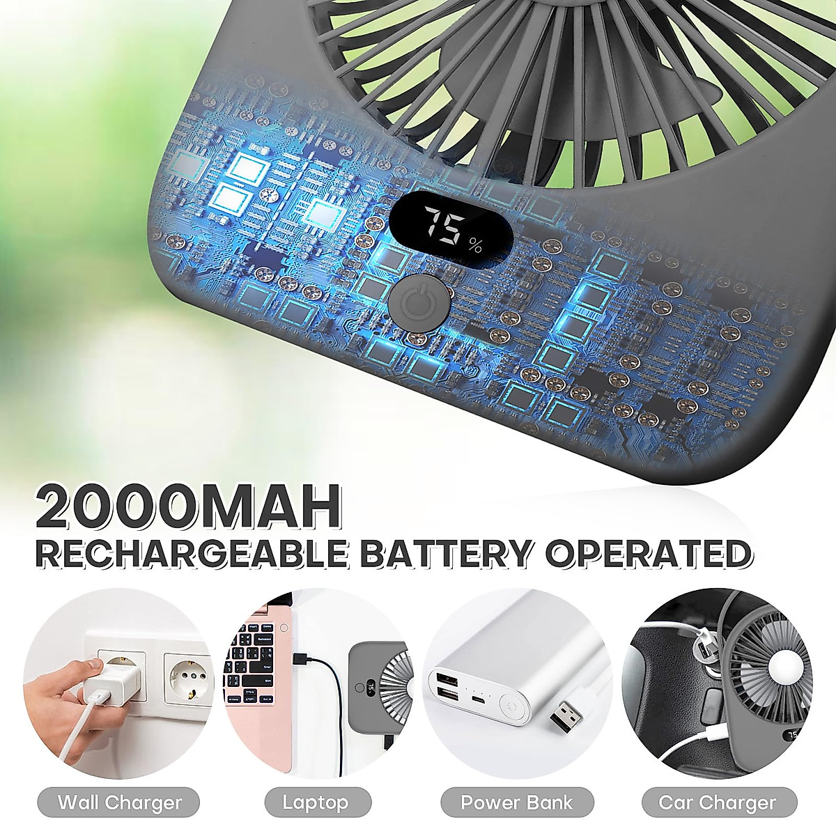 Nezylaf Portable Desk Fan with LED Light, Rechargeable 2000mAh Battery Operated Personal Fan, 180° Tilt Adjustable Small Silent Table Travel Fan, 5 Speeds Desktop Fan for Bedroom, Outdoor