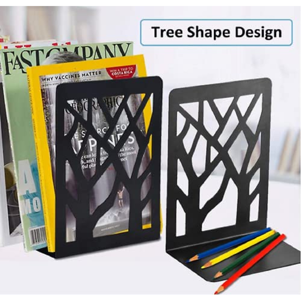 Ruoxian 3 Pairs Tree Branches Book Ends Metal Nonskid Bookends Heavy Duty Bookshelves Organizer Office Book Ends for Shelves, Bookend, Book Ends for Heavy Books (Black-3 Pairs)