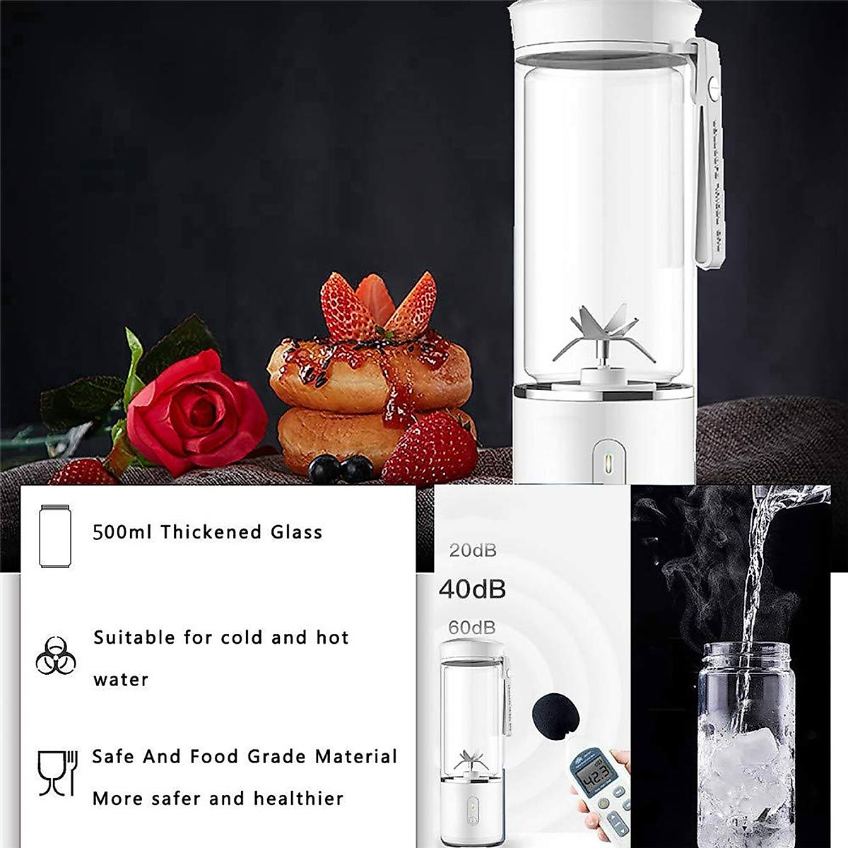 Portable Personal Blender, USB Rechargeable Glass Juicer Cup, 500ml with Travel Lid Small Fruit Mixer for Shakes and Smoothies