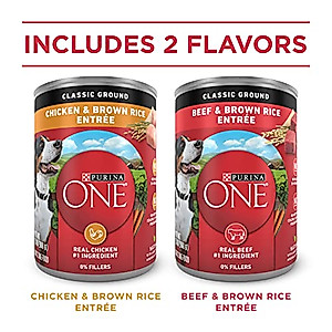 Purina ONE Classic Ground Chicken and Brown Rice, and Beef and Brown Rice Entrees Wet Dog Food Variety Pack - (Packs of 6) 13 oz. Cans