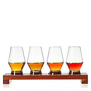 Viski Spirit Tasting Flight Kit, Crystal Liquor Glasses with Wooden Serving Tray for Whiskey, Brandy, Set of 4 8 oz. Footed Scotch Tumblers, 1 Board, Set of 5, Clear
