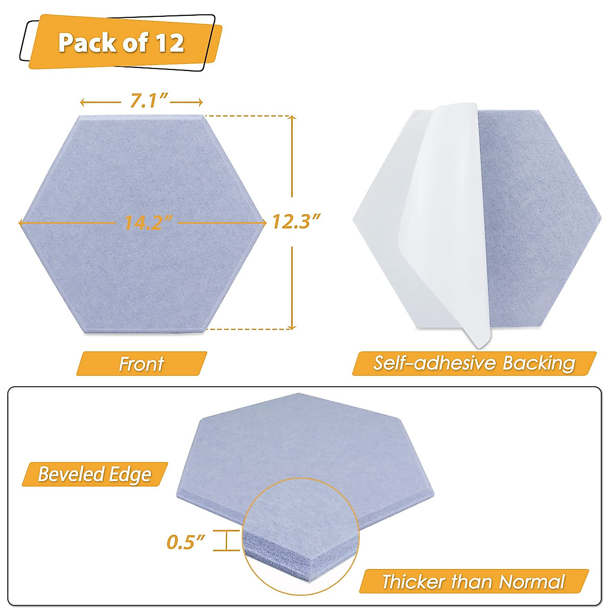 Troystudio Thickened Acoustic Panels Self-adhesive - 12 X 12 X 0.5 Inches 12 Pack Hexagon Sound Absorbing Panel, Recording Studio Acoustical Treatments Soundproof Wall Panels