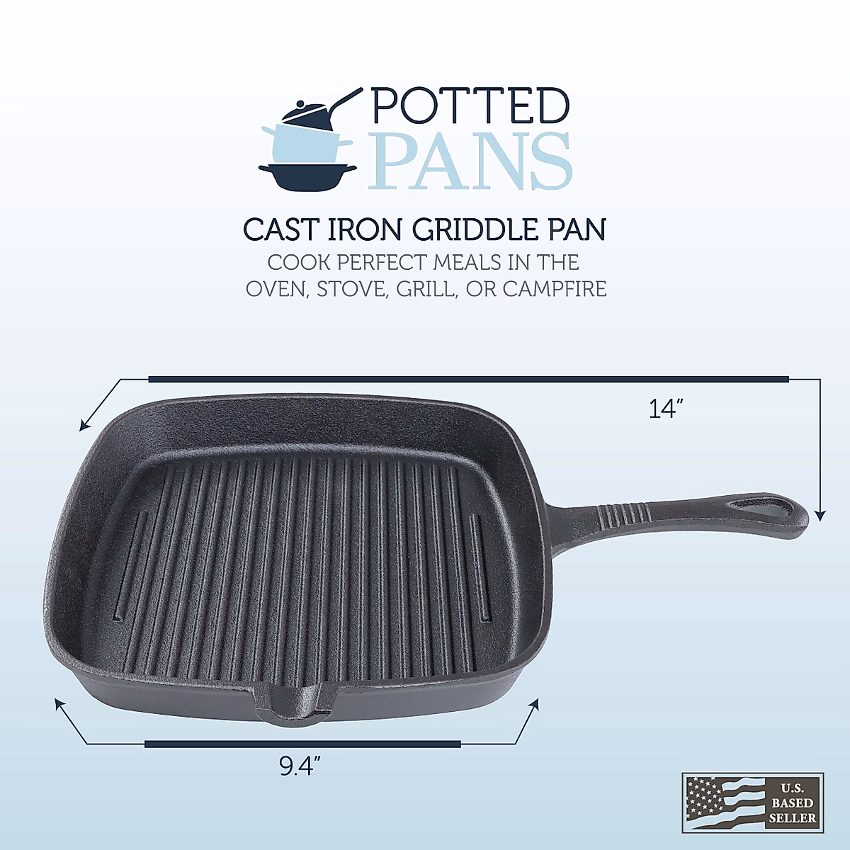 Potted Pans Square Cast Iron Skillet - 9.4-inch Pre-Seasoned Cast Iron Griddle Cooking Pan Camping Skillet Iron Pan