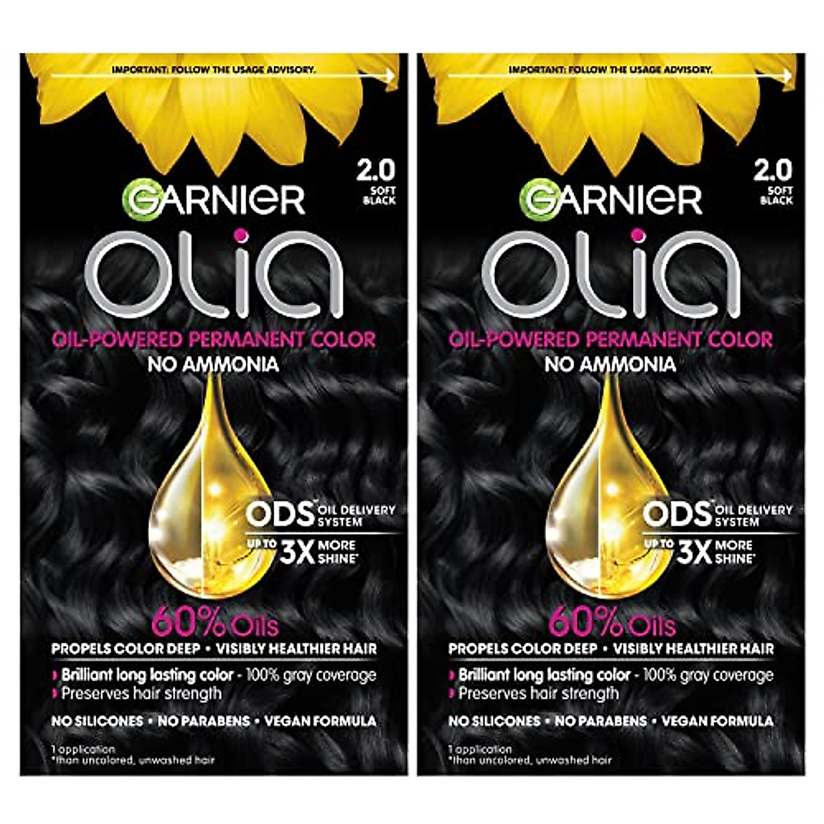 Garnier Hair Color Olia Ammonia-Free Brilliant Color Oil-Rich Permanent Hair Dye, 2.0 Soft Black, 2 Count (Packaging May Vary)