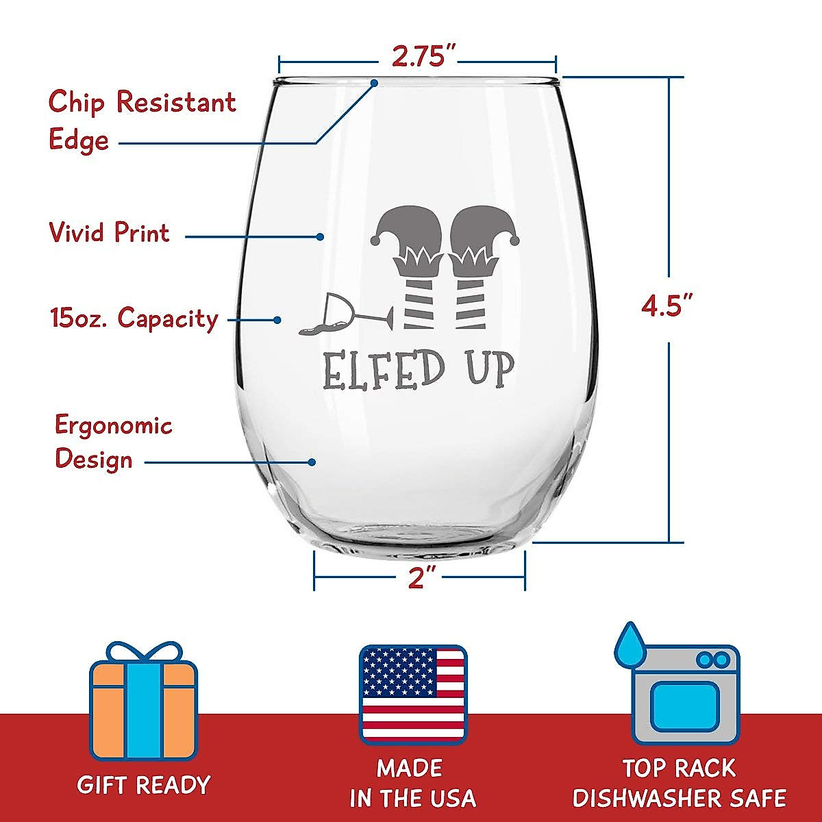 Drunk Christmas Funny Stemless Wine Glasses Set of 4 | Hilarious Christmas Themed Wine Glass for Holiday Party | 4 Designs | 15 oz Cheerful Party Cups & Gift Exchange Idea for White Elephant, Xmas