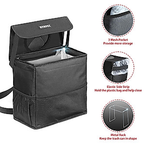 Ryhpez Car Trash Can with Lid - Car Trash Bag Hanging with Storage Pockets Collapsible and Portable Car Garbage Can with Metal Rack Support