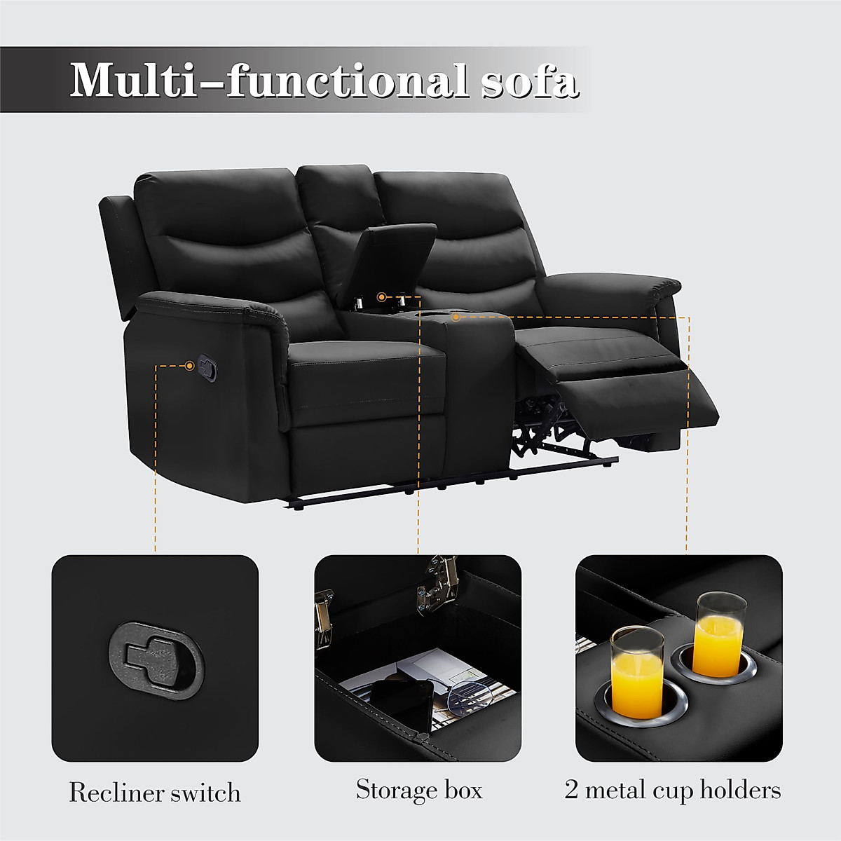 Sofa PU Leather Recliner Loveseat with Console Slate, Cup Holder, Double Recliner 2-Seater for Living Room Theater Seating Rv Furniture, (Black)…