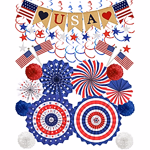 Lutoys 30 Pcs Patriotic Decorations for Veterans Day, 4th of July Decor LOVE USA Banner American Flag, Red White Blue Paper Fans Pompoms Labor Memorial Day Decor for Indoor Outdoor Outside