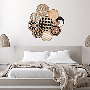 Set of 14 Boho Wall Basket Decor Round Flat Bamboo Rattan Basket Decorative Hanging Woven Basket with Macrame Tassels Handmade Wall Tapestry for Bedroom Living Room Kitchen Farmhouse Crafts