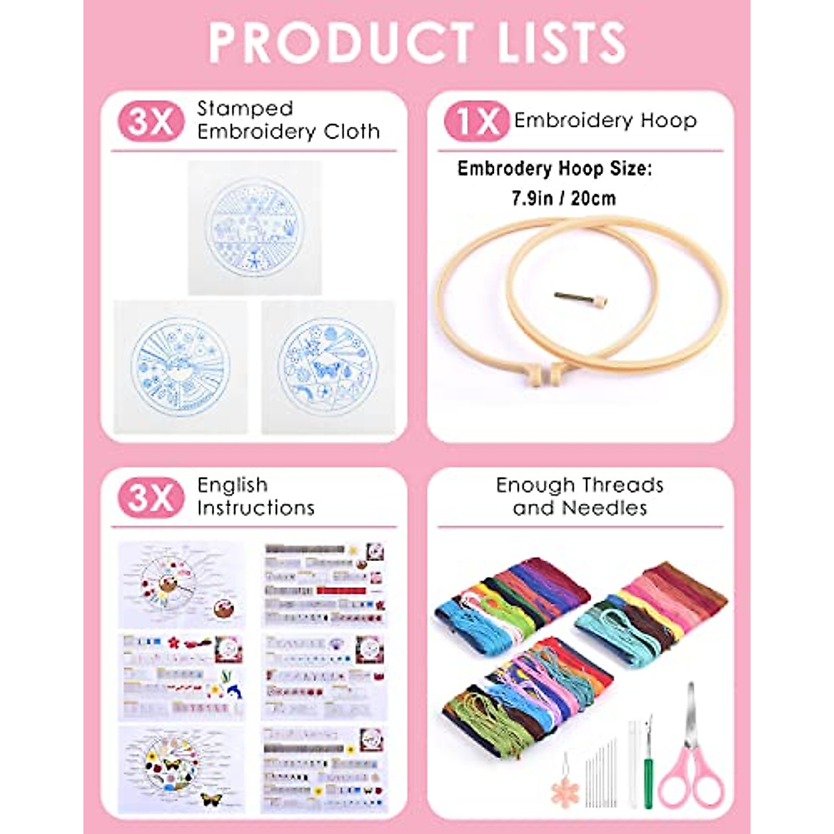 TINDTOP Beginners Embroidery Stitch Practice kit, Embroidery Kit for Beginners Include Embroidery Cloth Hoops Threads for Craft Lover Hand Stitch with Embroidery Skill Techniques (Colorful)