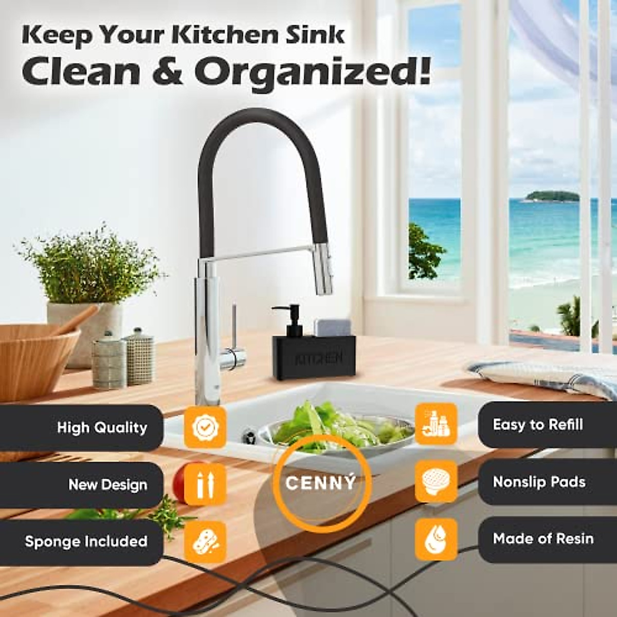 All in One New 2023 Cenný Kitchen Accessories Gift Set for Home and RV Essentials Countertop Dish Soap Dispenser with Sponge Holder Silicone Squeegee Sink Strainer & Stopper Towel Hooks Black