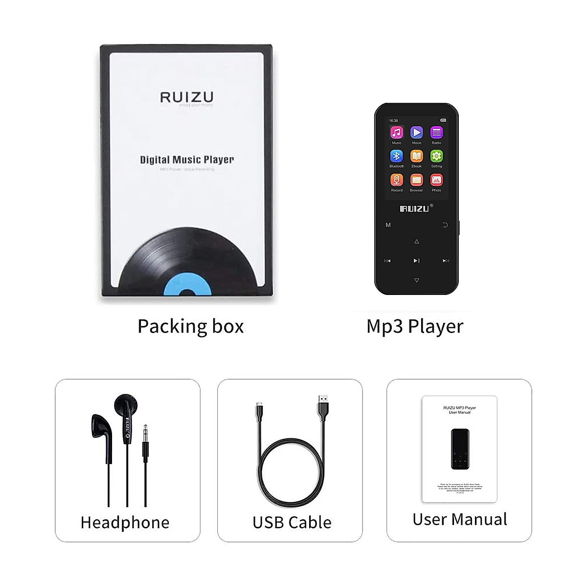 RUIZU 96GB MP3 Player with Bluetooth 5.0, Portable Digital Music Player with FM Radio, Voice Recorder, E-Book Reader, Video, Pedometer, Alarm Clock, Supports up to 128GB Micro SD Card