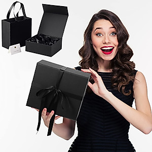 Gift Box 8 x 7 x 3 Inch,Valentines Day Present Box with Lid Paper Bridesmaids Proposal Box with Present Bag Card Ribbon Paper Filler,Gift Boxes for Presents,Wedding Birthdays Gift Packging (Black)