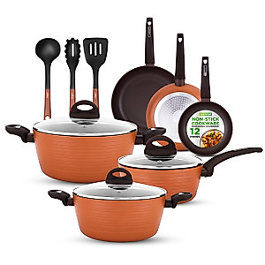 NutriChef Professional 12-Piece Brown Nonstick Cookware - PFOA/PFOS-Free, Heat Resistant Lacquer, Elegant Design, Multi-Sized Pots and Pans