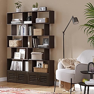 DINZI LVJ 6-Tier Bookshelf, S-Shaped Geometric Bookcase, Book Shelf with Cabinet, Display Shelf with Door, Freestanding Decorative Storage Shelving for Living Room, Home Office, Espresso