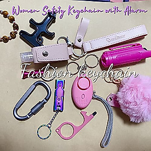 PUEZOKLY Pink keychain Gift Set for Woman Car keys with Card Holder PU Wristlet Lanyard Pom Pom Ball,Travel Bottle Holder