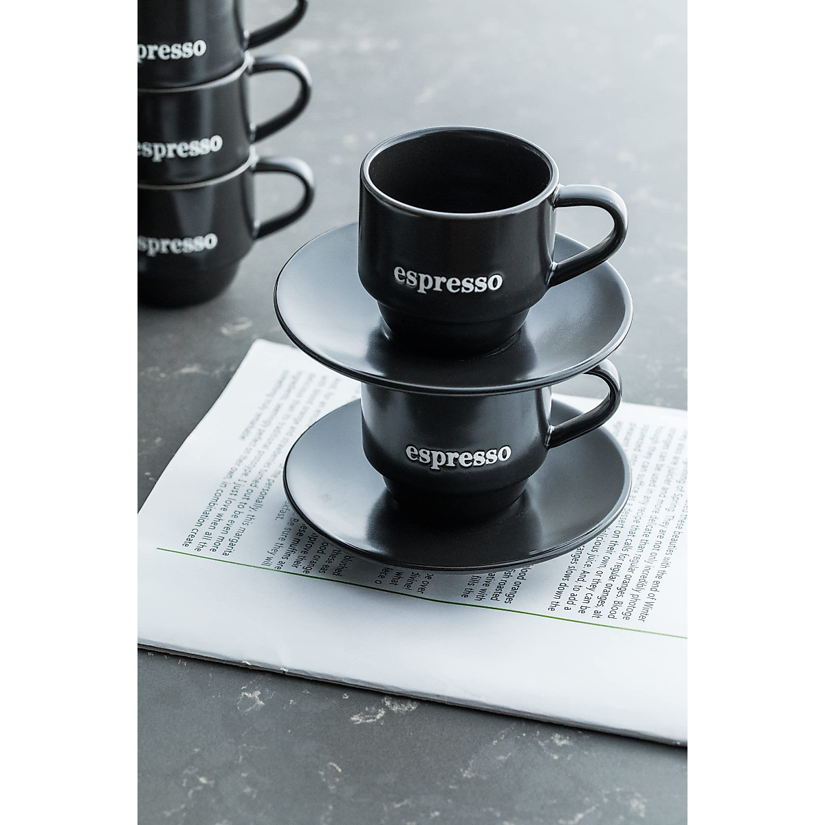 Espresso Cups with Saucers Set, Porcelain Coffee Cups Set with Metal Stand 4 OZ Stackable Demitasse Cups for Latte, Cafe, Mocha and Cappuccino, Tea Cup Set of 6, Thanksgiving Gifts, Black