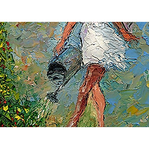 (SOLD) Finally Summer - girl watering her flowers by internationally renown painter Andre Dluhos
