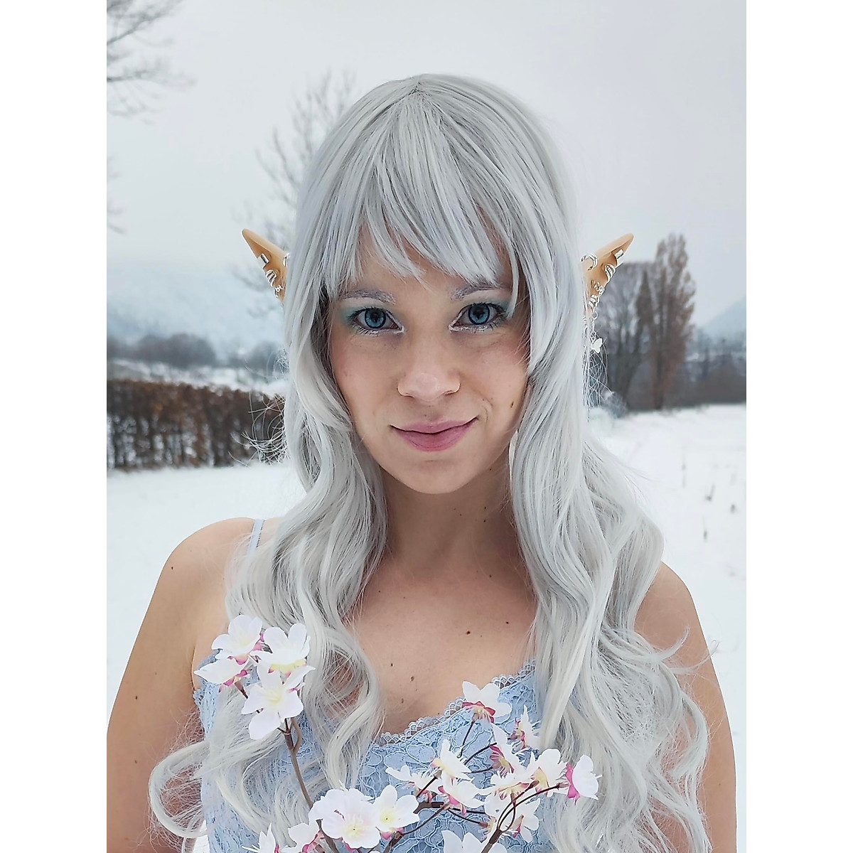 FRESHME Elf Ears with Cuff Earrings Set - Soft Pointed Elf Ears with Non-Pierced Silver Chain Butterfly Ear Clips for Women s Anime Party Christmas Renaissance Halloween Custome Cosplay Accessories Photo Props