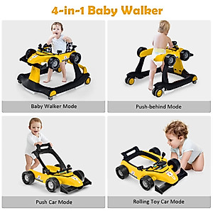 HONEY JOY 4-in-1 Baby Walker, Activity Push Walker w/3 Adjustable Heights, Smooth Wheels w/Adjustable Speed, Padded Seat, Music & Light, Foldable Car Walker for Baby Boys Girls Age 6 Months+ (Yellow)
