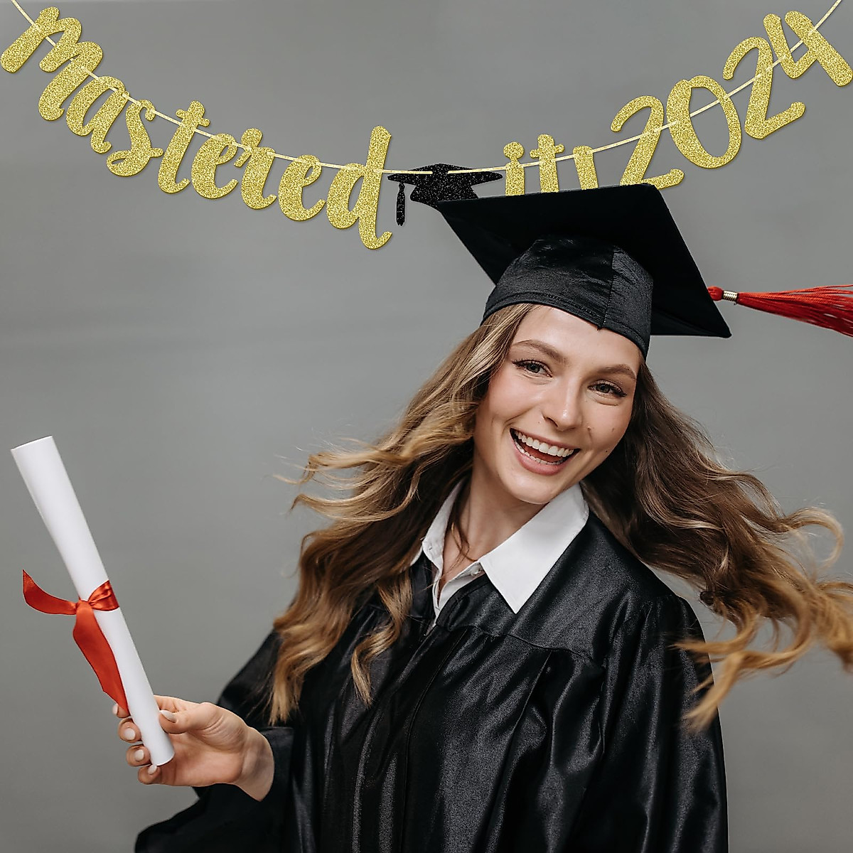Mastered It 2024 Banner, Graduation Sign, Class of 2024 Congrats Grad Party Decorations Congratulations Assembled Photo Backdrop Supplies (Gold Glitter)