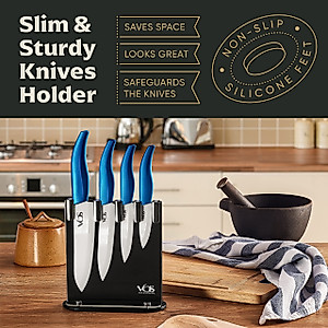 Vos Ceramic Knife Set With Block, Ceramic Knives Set For Kitchen, Ceramic Kitchen Knives With Holder, Ceramic Paring Knife 3", 4", 5", 6" Inch Blue
