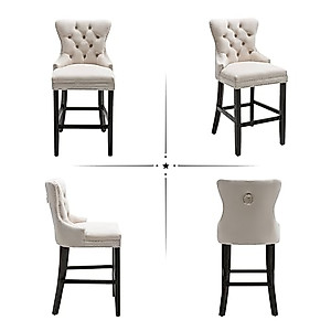 GOOLON Bar Stools Set of 2, Velvet 26 Inch Seat Height Counter Height Barstools with Back, Rivet Trim Bar Chairs for Kitchen Island Metal Pull Ring Wood Legs, Beige