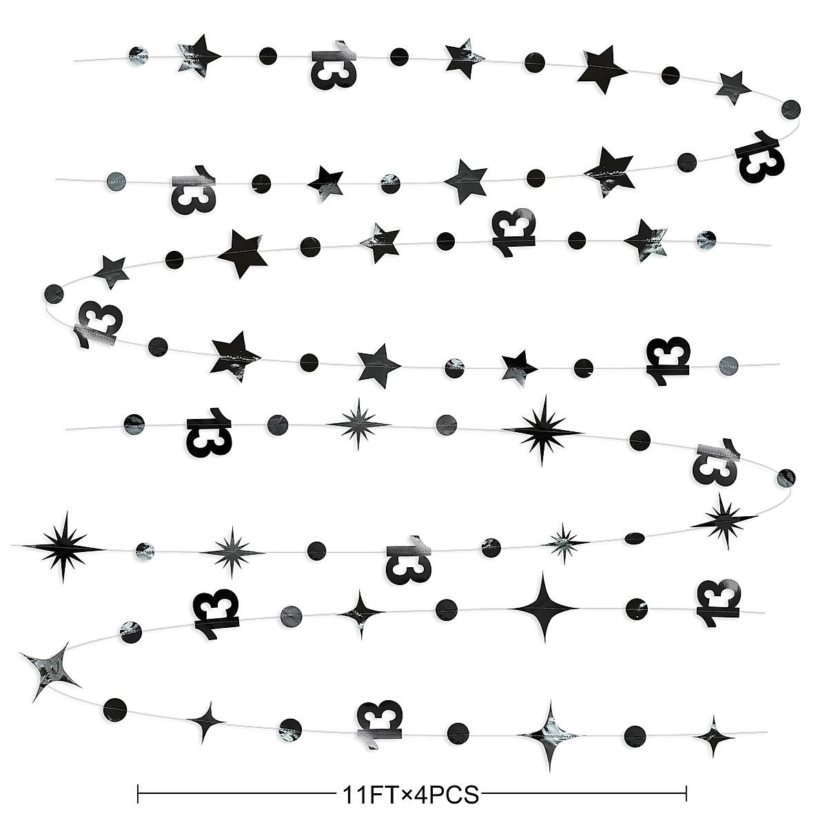 Black 13th Birthday Decorations Number 13 Circle Dot Twinkle Star Garland Metallic Hanging Streamer Bunting Banner Backdrop for Girls 13 Year Old Birthday Thirteen Official Teenager Party Supplies