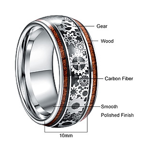 TUNGSTORY 10mm Hawaiian Koa Wood Engagement Band Steampunk Gear Wheel Tungsten Carbide Promise Ring for Him Size 12