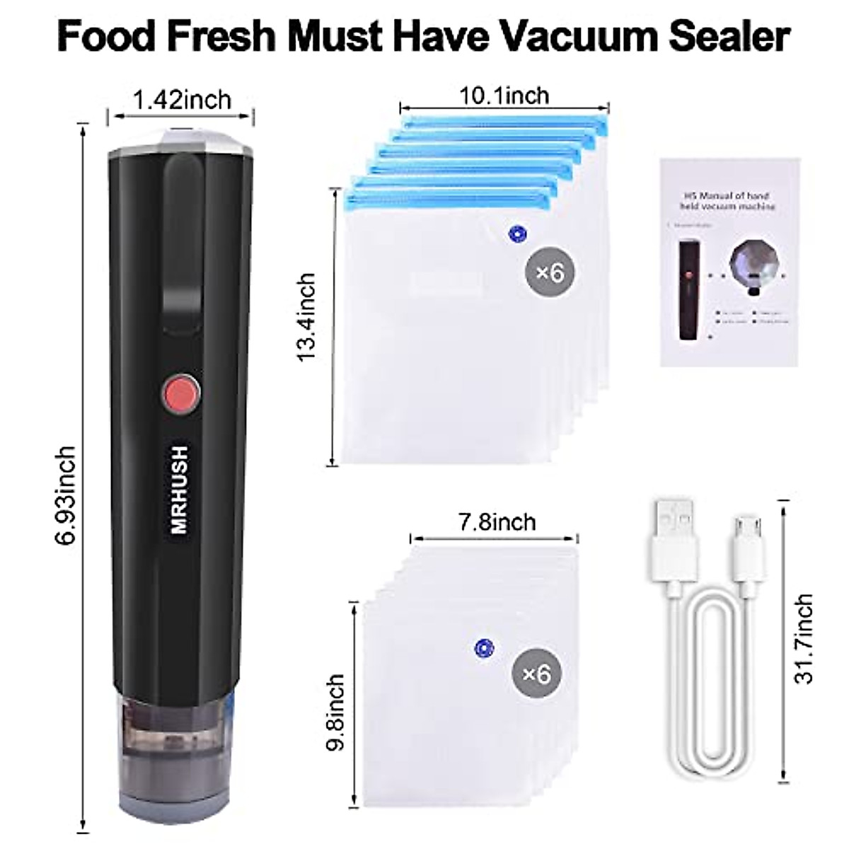 Handheld Vacuum Sealer for Food, Upgrade Rechargeable Mini Automatic Food Vacuum Sealer Machine with 12Pcs Reusable Sous Vide Bags for Fresh & Save
