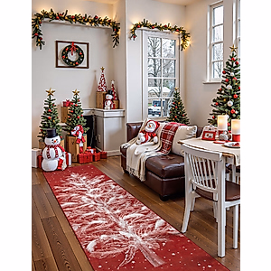Lahome Christmas Runner Rugs 2x8 Non-Slip Hallway Runner, Washable Christmas Rug Stain Resistant Red Kitchen Runner Rug, Christmas Tree Print Holiday Decor Untra-Thin Runner for Bedroom (Red,2'x8')