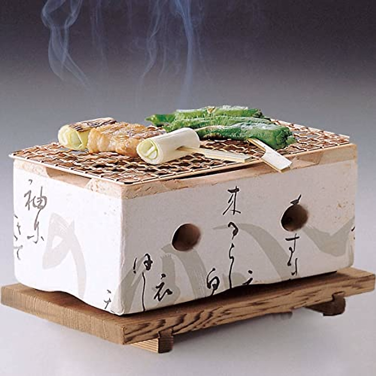 TIKUSAN Table Top Charcoal Grill, Shichirin with Wire Mesh Grill and Wooden Base Made in Japan Original Japanese Design White Middle Size