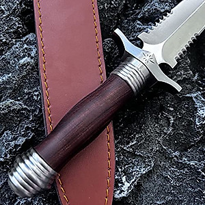 MADSABRE Fixed Blade Hunting Knife Saber with Leather Sheath, 15 Inches Outdoor Survival Tactical Knives, Double Edged Serrated Dagger Wood Handle