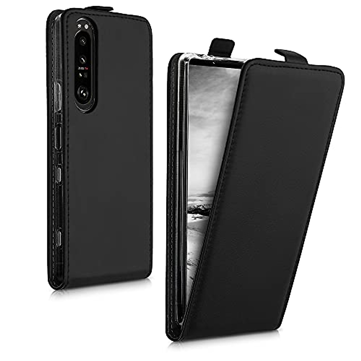 kwmobile Vertical Flip Case Compatible with Sony Xperia 1 III - Case PU Leather Protective Flip Cover with Magnet - Black