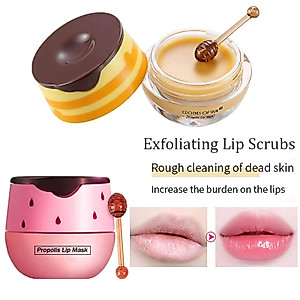 Bee Lip Balm Honey Pot, Strawberry & Honey Moisturizing Propolis Lip Mask, Hydrating & Prevention Dry and Cracked Lip Scrubs Exfoliator, Reduces Lip Lines (Yellow & Pink)