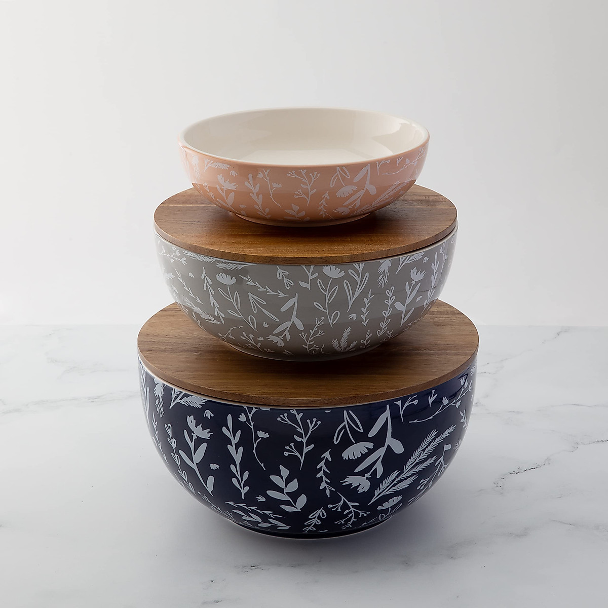 Thirstystone Set of 3 Ceramic Mixing/Salad Bowls with 2 Acacia Wood Lids Attractive Floral Designs Small Medium & Large Bowls