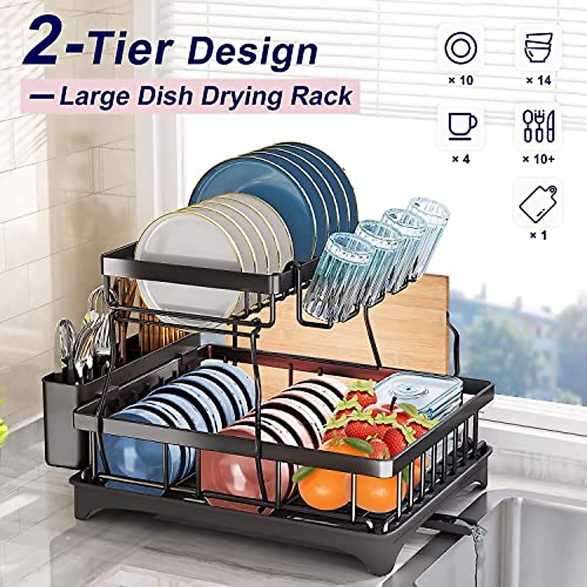 etship Dish Drying Rack with Drainboard Set, Stainless Steel 2 Tier Large Dish Racks for Kitchen Counter, Dish Drainer with Utensil Holder, Dish Strainers with Extra Drying Mat (Black)