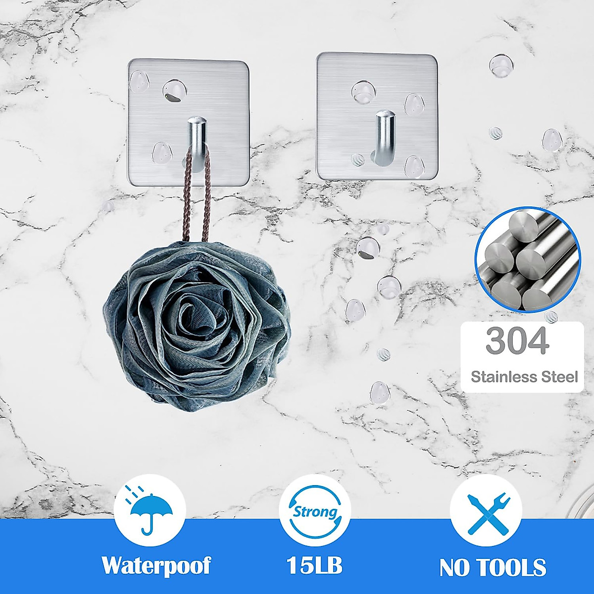 FOTYRIG Adhesive Towel Hooks Extra Sticky Door Coat Hooks 15LB (Max) Stick on Wall Waterproof Stainless Steel Shower Hooks for Hanging loofah Purse Clothes Bathroom Hooks Silver-4 Packs