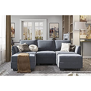 HONBAY Modular Sectional Sofa with Reversible Chaises Sofa with Ottoman U Shaped Sectional Couch for Living Room, Bluish Grey