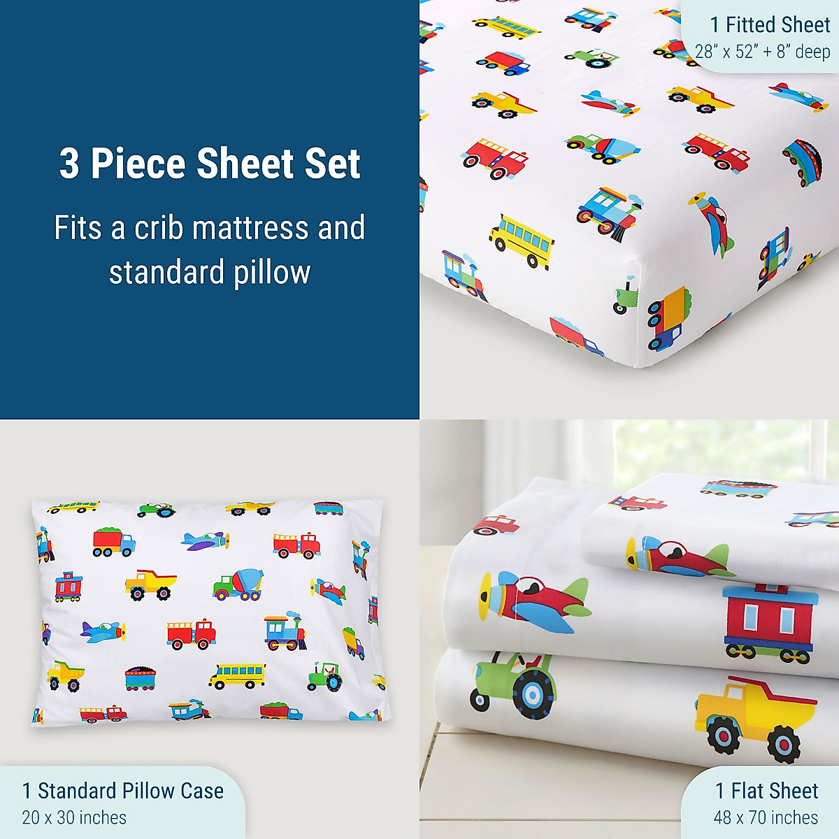Wildkin Kids 100% Cotton Toddler Sheet Set for Boys & Girls, Bedding Set Includes Top Sheet, Fitted Sheet, Standard Pillow Case, Bed Sheet Set for Cozy Cuddles (Trains, Planes, & Trucks)