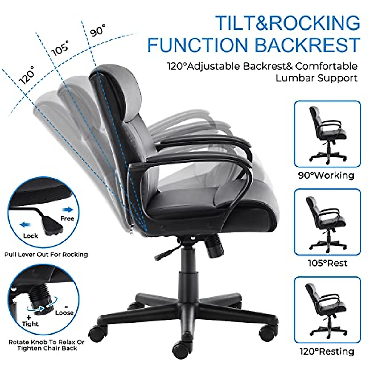 MCQ Office Chair, PU Leather Computer Chair Low-Back Desk Chair with Adjustable Height/Armrests, Swivel Rolling Task Chair