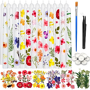 MTLEE 30 Pack Pressed Flower Candles Making Kit 6 Set Dried Pressed Flowers 12 White Taper Candles 10 White Tealight Candles with Tweezers Brush for DIY Candles Crafts Birthday Wedding Party Favors