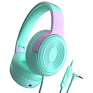 ELECDER Kids Headphones, S8 Wired Headphones for Kids with Microphone for Boys Girls, Adjustable 85dB/94dB Volume Limited, 3.5 mm Jack for/Kindle/Smartphones/Tablet/Airplane Travel(Green/Purple)